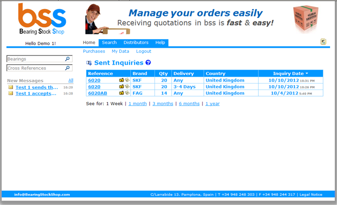 1. A BSS user finds a bearing and sends a Inquiry - Bearing Stock Shop