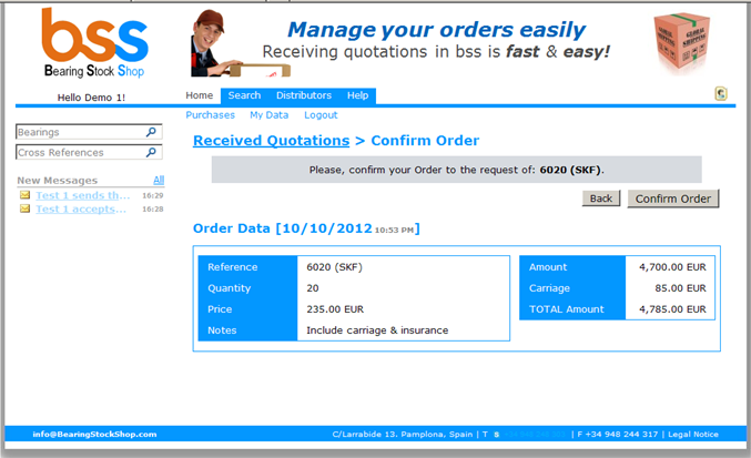 4. A BSS user receives the Quotation and sends an Order to a BS ...